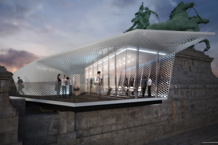 Electrolux Cube: Modern Prefab Restaurant Pops Up Atop Brussels Landmark