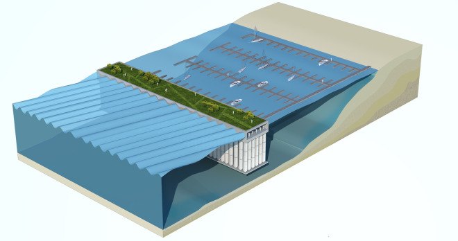 Waterstudio's floating sea wall harvests blue energy from crashing water