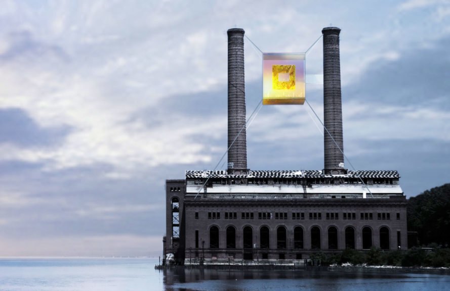 The Floating Restaurant suspends a glass cube eatery over the Hudson River