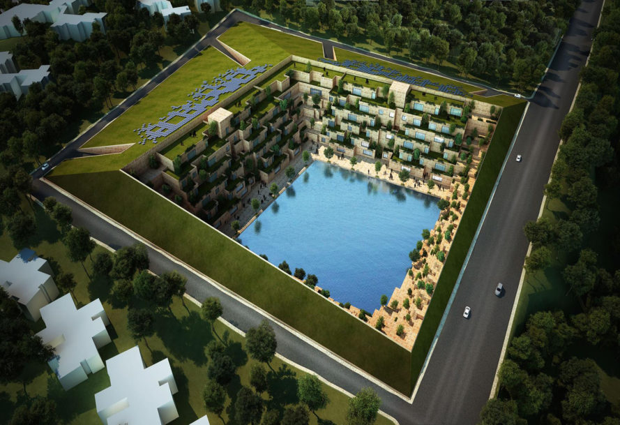 Architects use earthen berms to tuck a central reservoir inside tiered ...